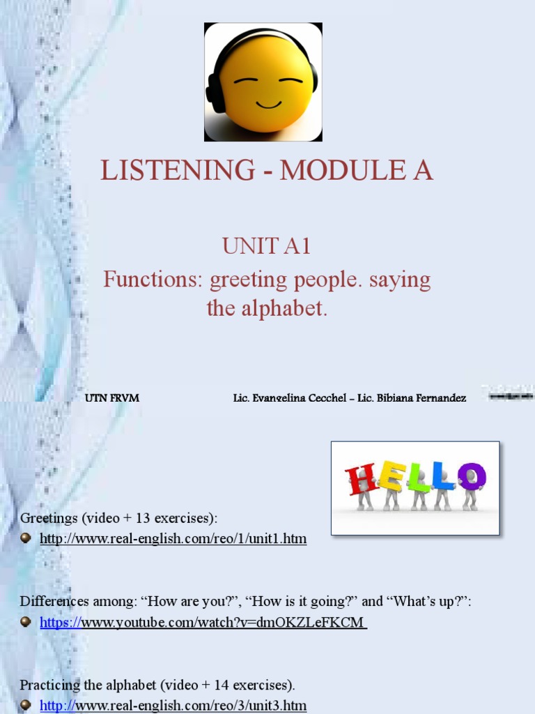 A1 Listening: Greetings & Alphabet Exercises | PDF