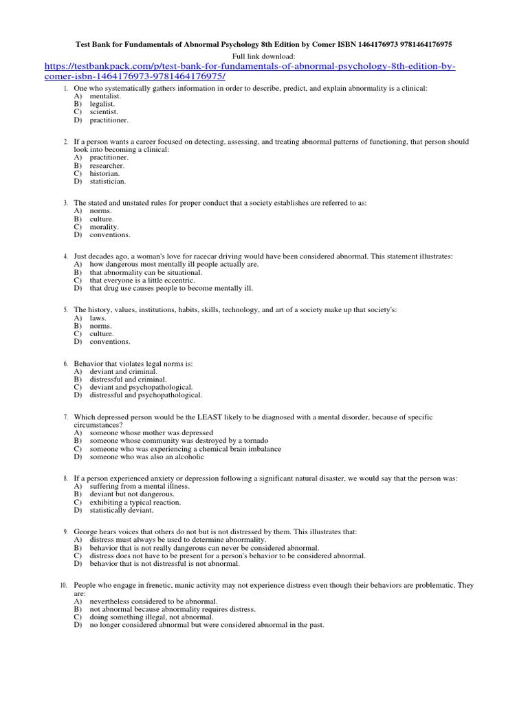Fundamentals of Abnormal Psychology 8th Edition by Comer ISBN Test Bank ...