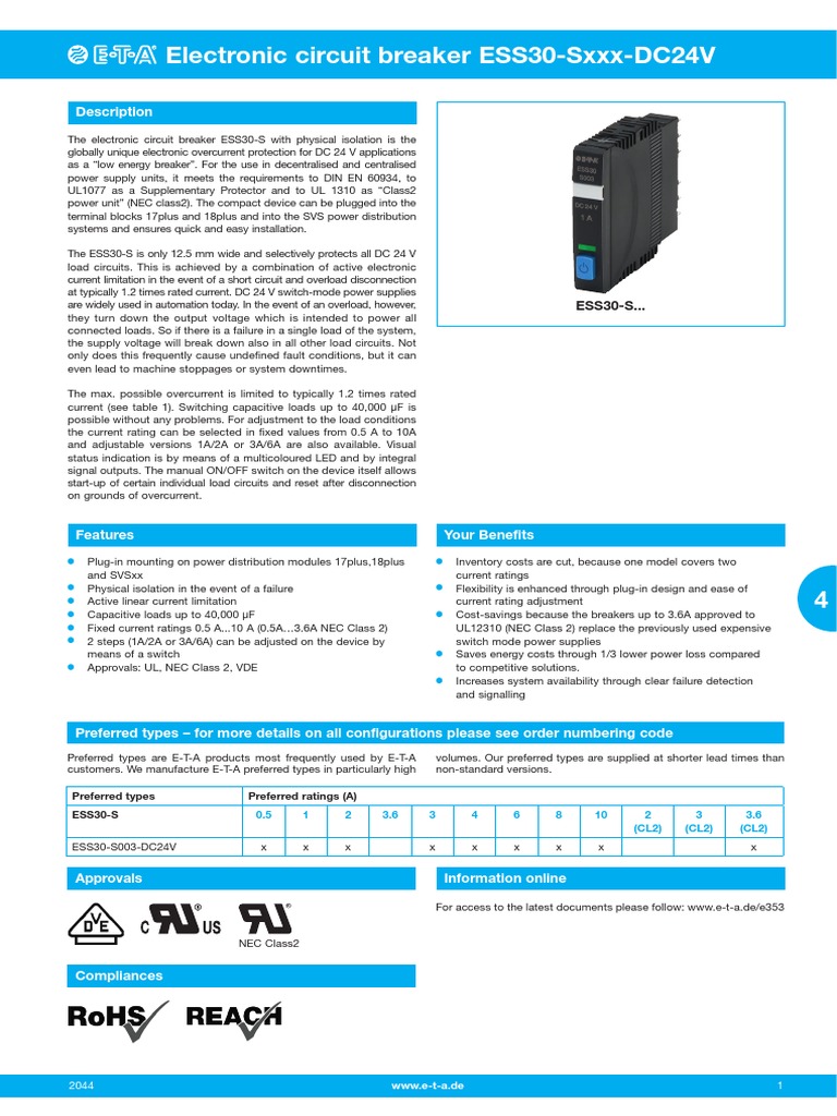 Electronic Circuit Breaker ESS30-Sxxx-DC24V: Description | PDF | Power ...