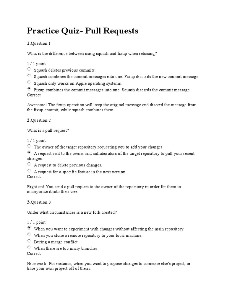 Practice Quiz - Pull Requests | PDF