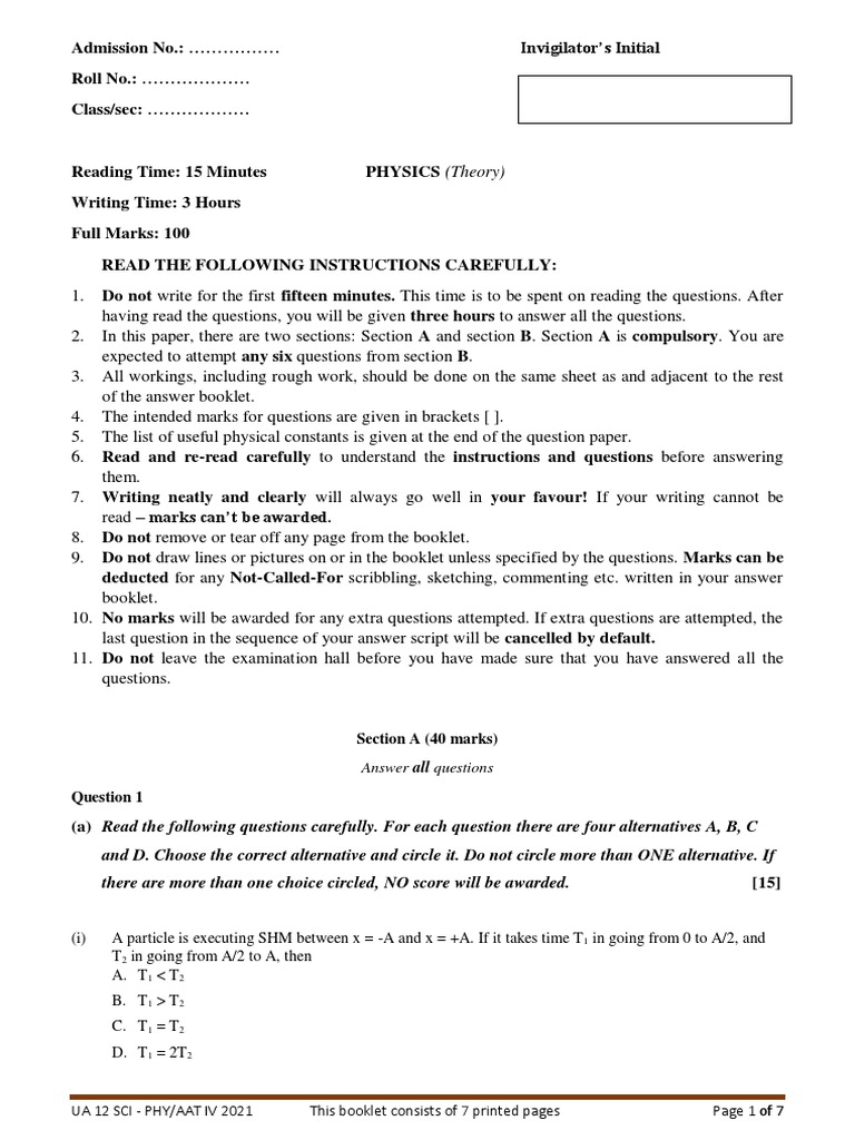 Trial Phy Xii (2020) | PDF | Inductance | Electron
