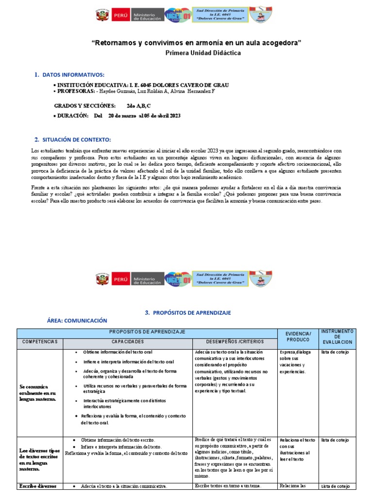 Primera Unidad Segundo Grado | PDF | Evaluación | Aprendizaje Primera Unidad Segundo Grado | PDF | Evaluación | Aprendizaje
