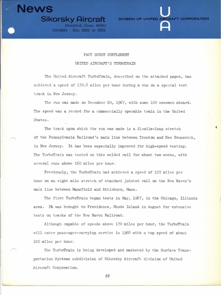 TurboTrain Fact Sheet Supplement United Aircraft Corp | PDF | Train ...