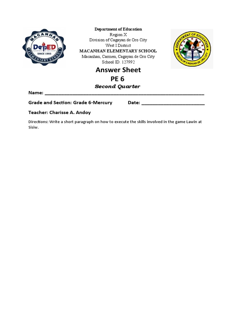 Answer Sheets For MAPEH - PE 6 (Mercury) (Second Quarter 2022 - 2023 ...
