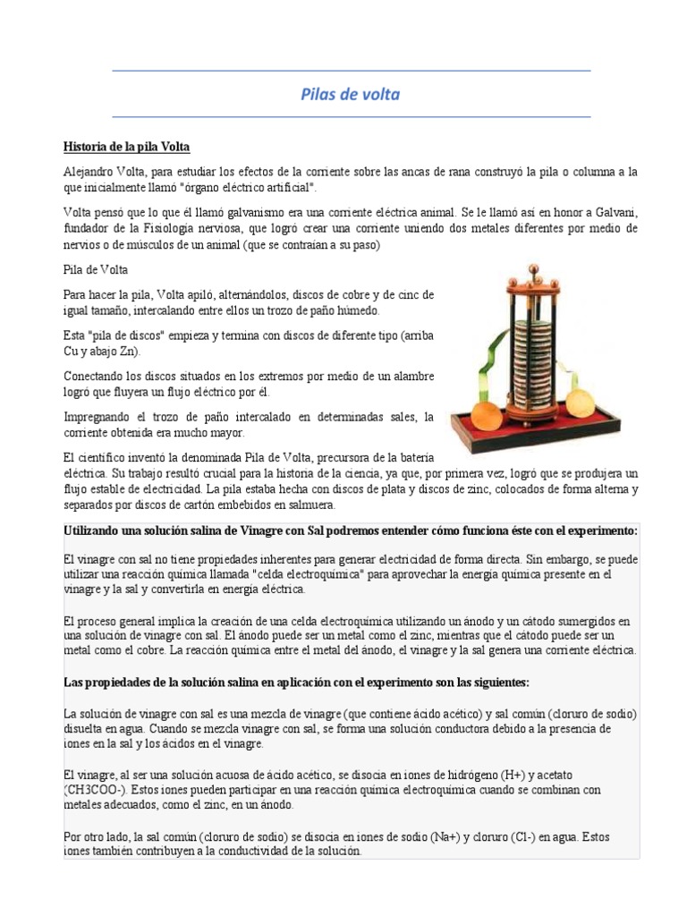 Historia y Funcionamiento de la Pila Volta | PDF | Sal (química) | Electrodo