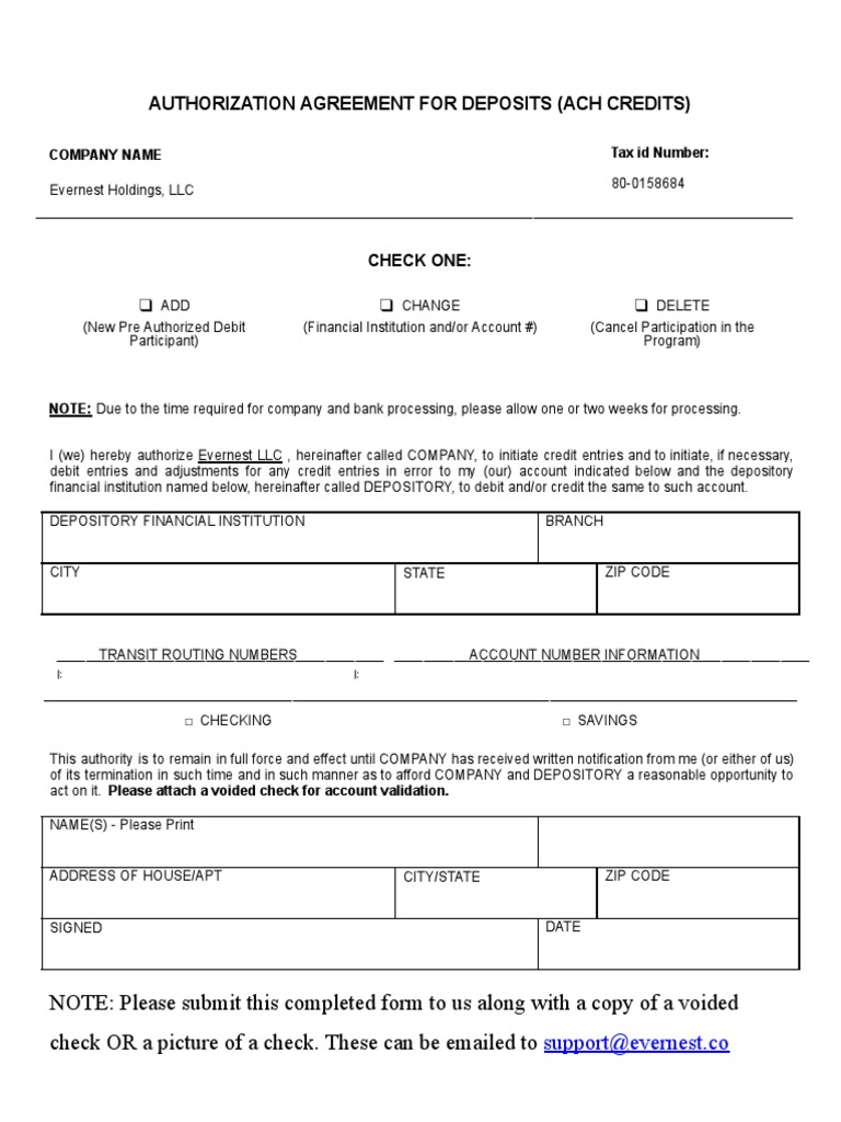 ACH Deposit Authorization Form | PDF