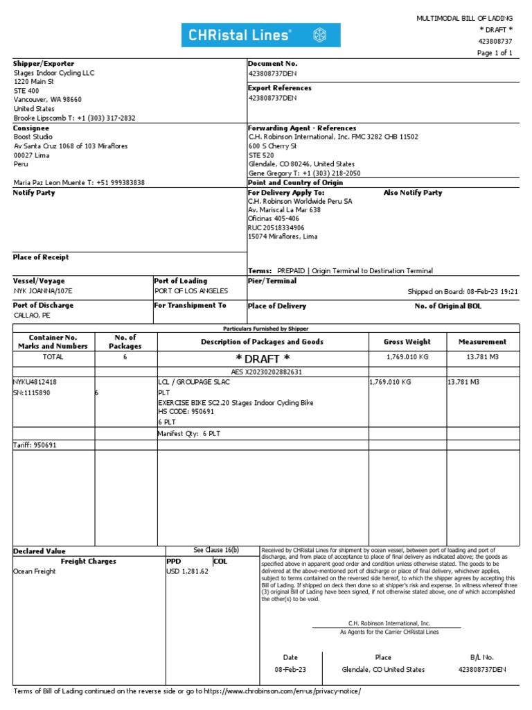 Draft : Particulars Furnished by Shipper | PDF | Bill Of Lading | Cargo