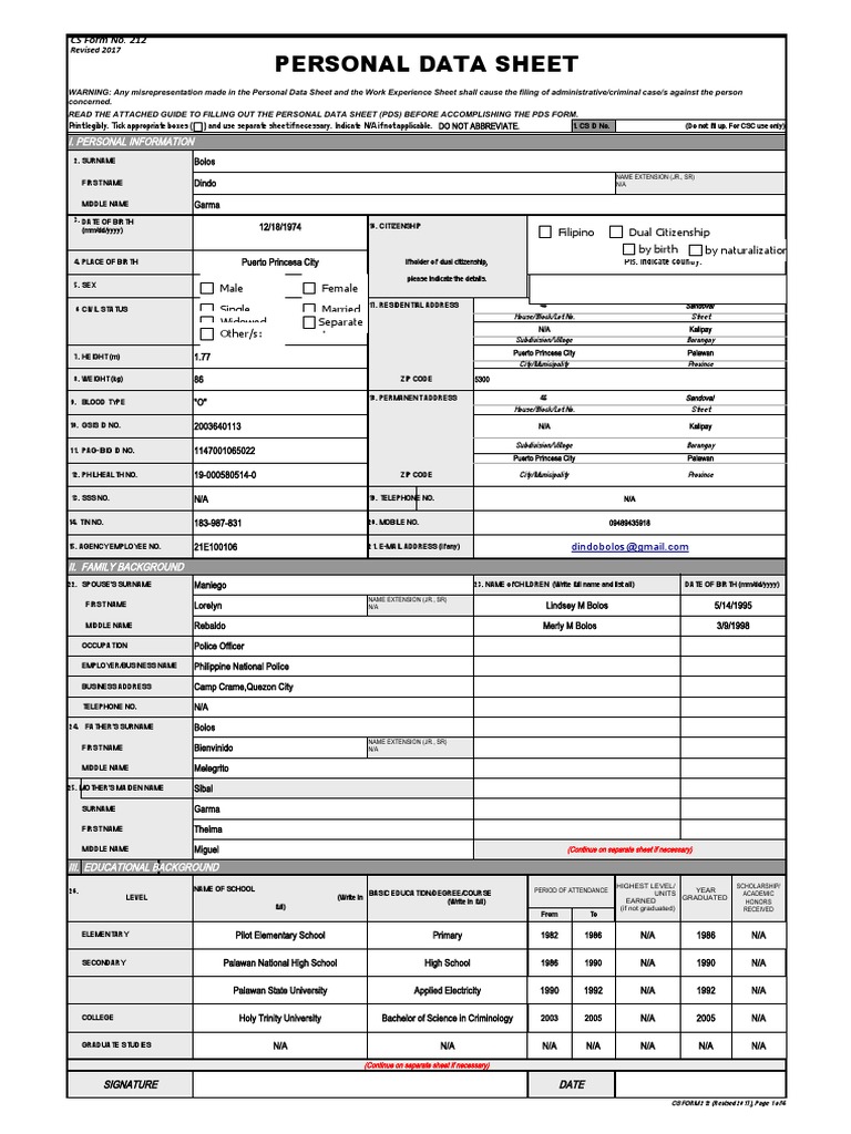Personal Data Sheet Template | PDF