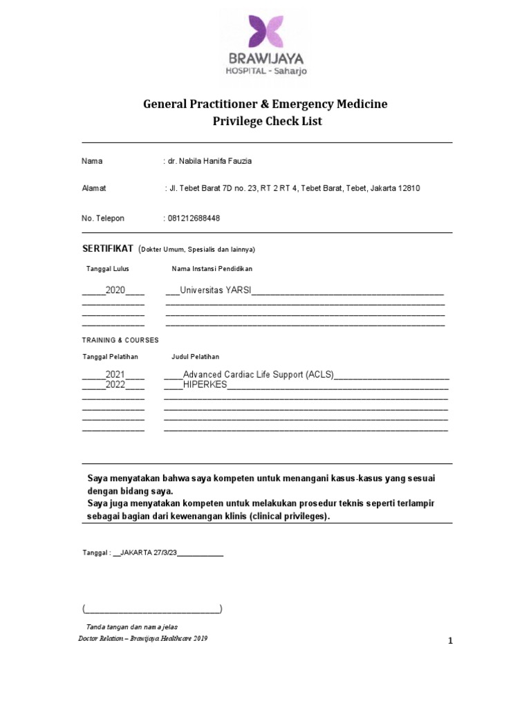 General Practitioner & Emergency Medicine Privilege Check List | PDF