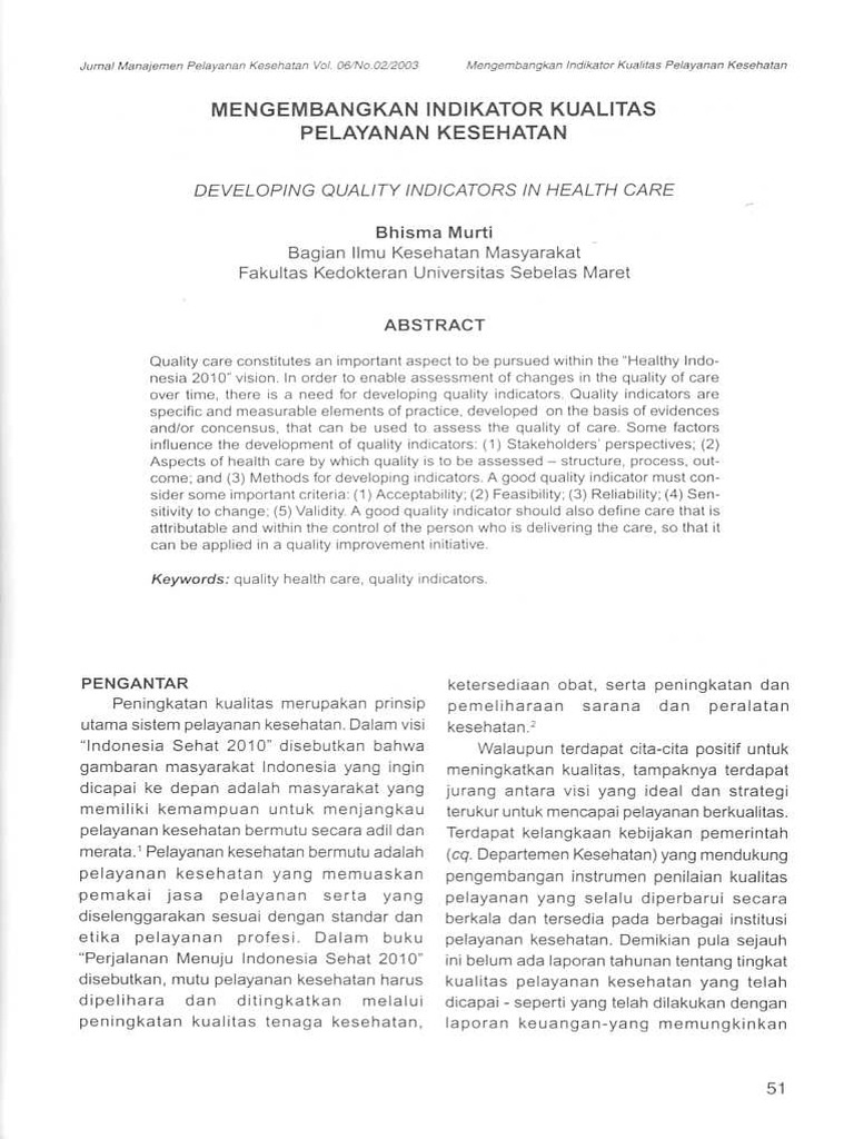 Mengembangkan Indikator Kualitas Pelayanan Kesehatan Pdf