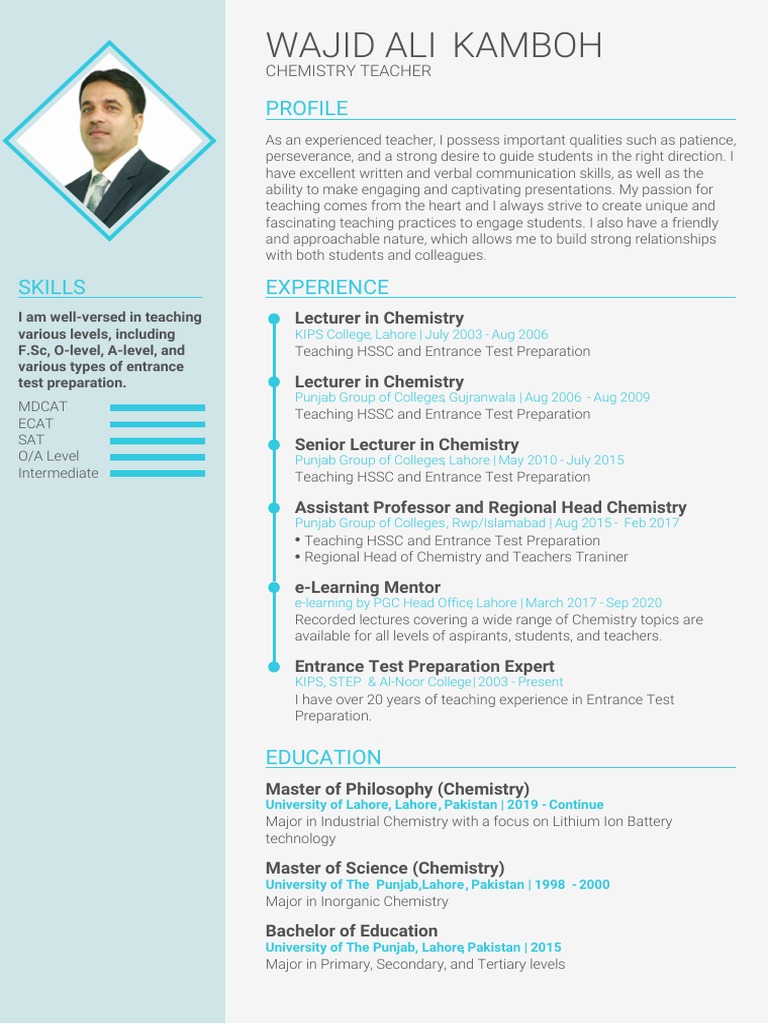 Wajid Ali Kamboh CV Chemistry Teacher 2023 | PDF