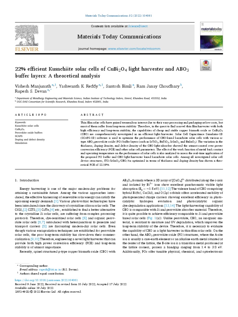 22% Efficient Kusachiite Solar Cells of CuBi2O4 Light Harvester and ...