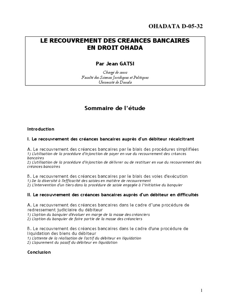 Le Recouvrement Des Creances Bancaires en Droit Ohada: Par Jean GATSI | PDF
