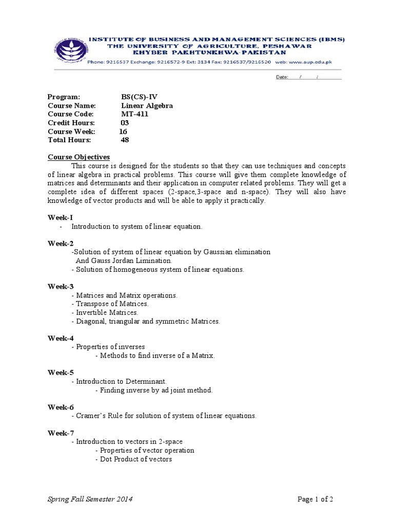 Linear Algebra Course Overview MT-411 | PDF