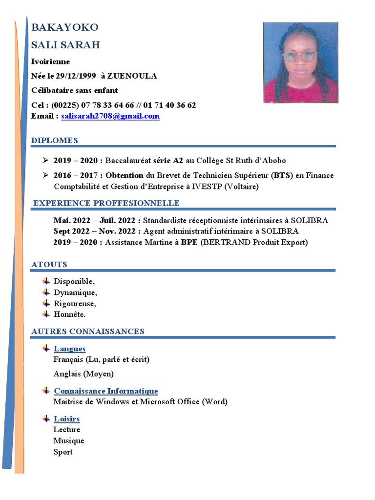 CV de Sarah Sali, Standardiste | PDF | Évolution de carrière