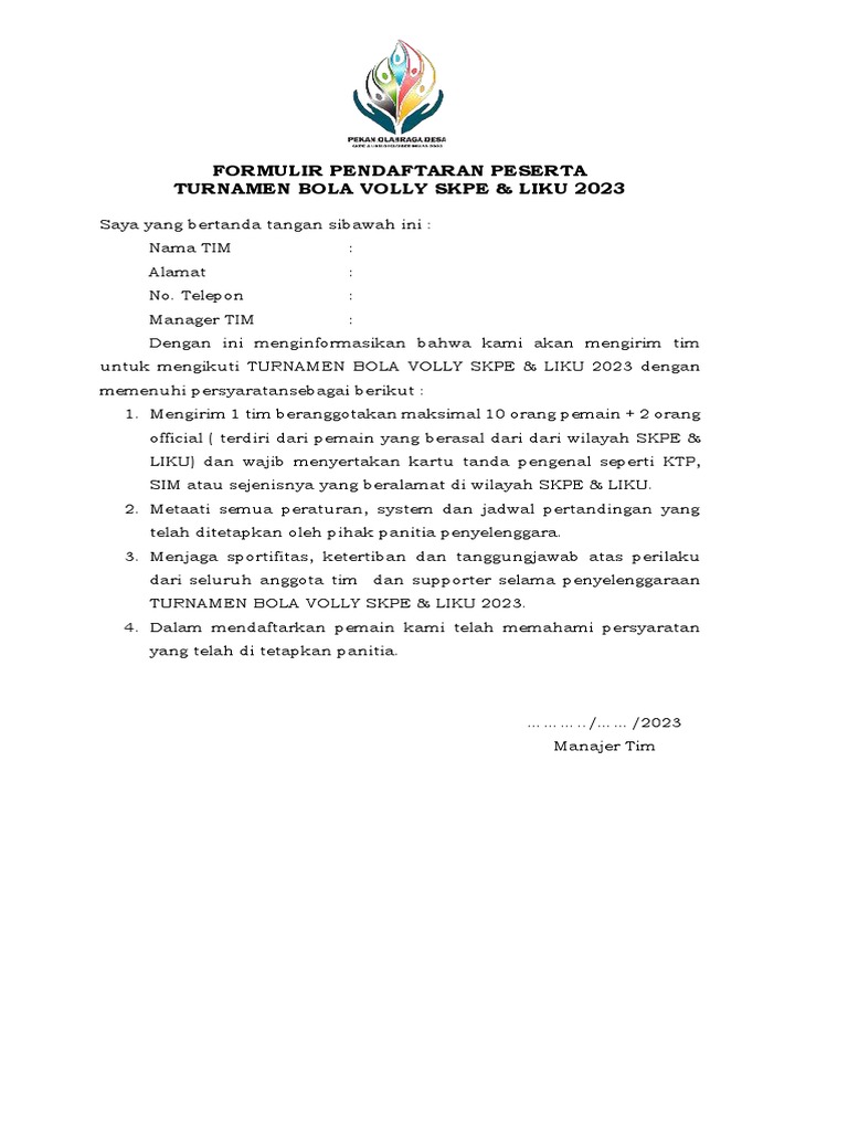 Formulir Pendaftaran Peserta Bola Voly Skpe & Liku - 011324 | PDF