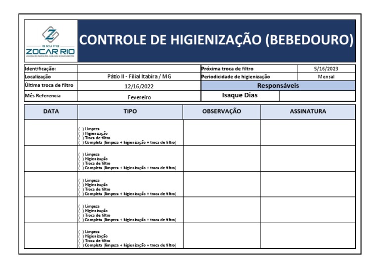 Controle de Higienização de Bebedouro | PDF Controle de Higienização de Bebedouro | PDF