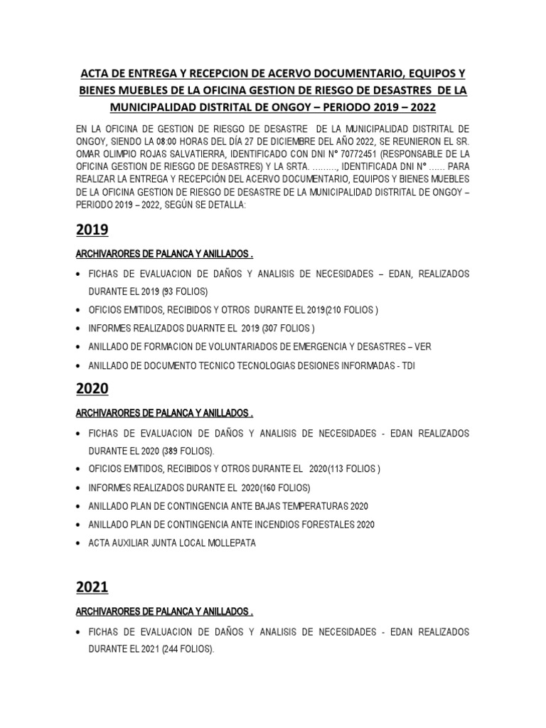 Acta de Entrega y Recepcion de Acervo Documentario | PDF