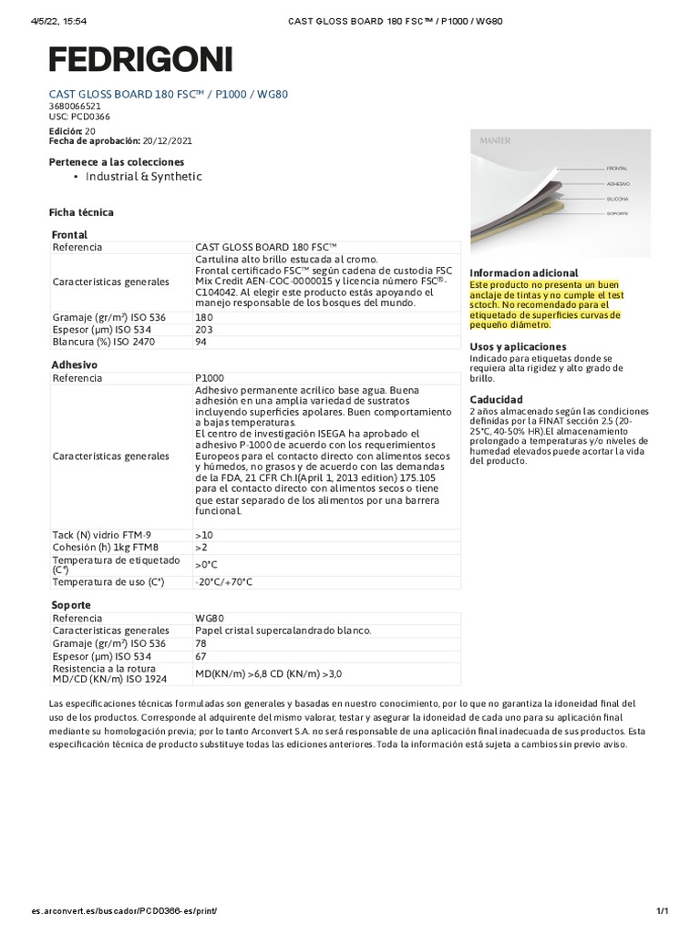 Cast Gloss Board 180 FSC™ - P1000 - WG80 | PDF | Procesos industriales ...