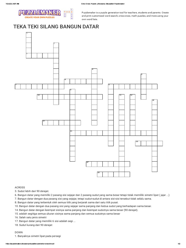Criss Cross Puzzle - Discovery Education Puzzlemaker BANGUN DATAR | PDF ...