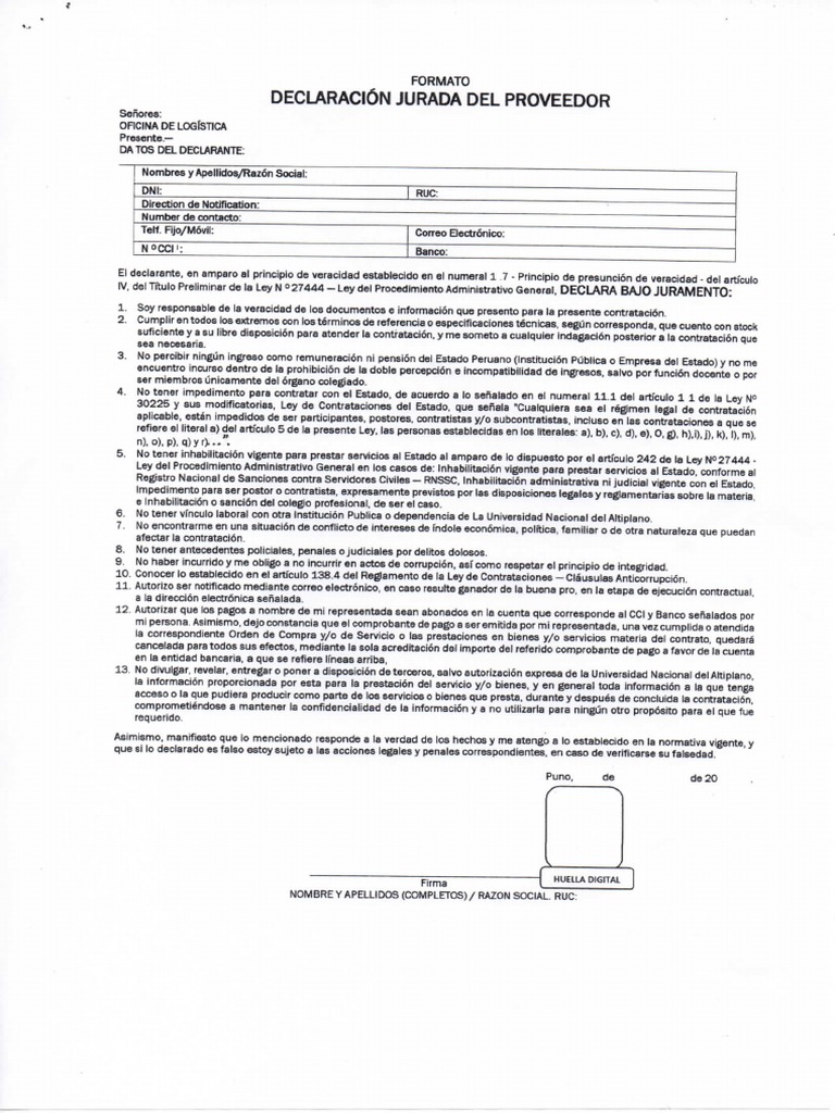 Declaracion Jurada Proveedor | PDF