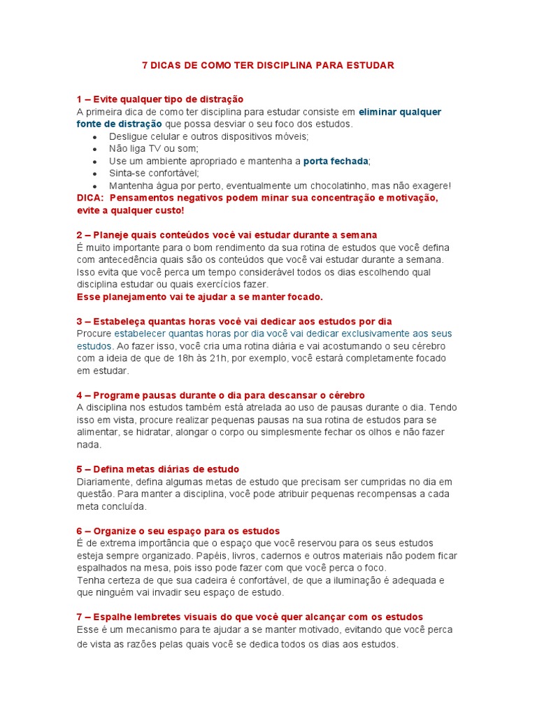 7 Dicas de Como Ter Disciplina para Estudar | PDF | Autoajuda