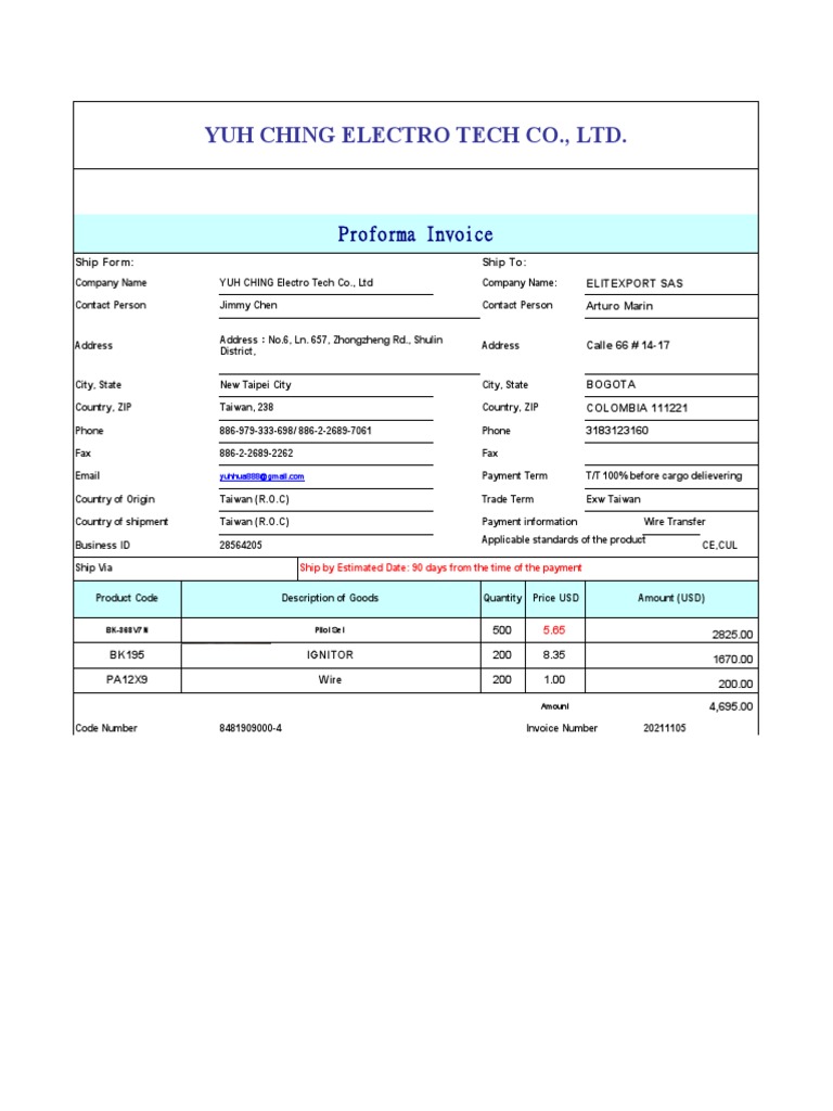 Yuh Ching Electro Tech Co., LTD.: Proforma Invoice | PDF | Consumer Goods | Service Industries