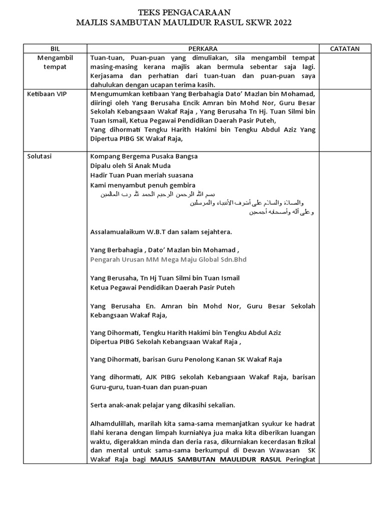 Teks Pengacaraan Majlis Sambutan Maulidur Rasul | PDF