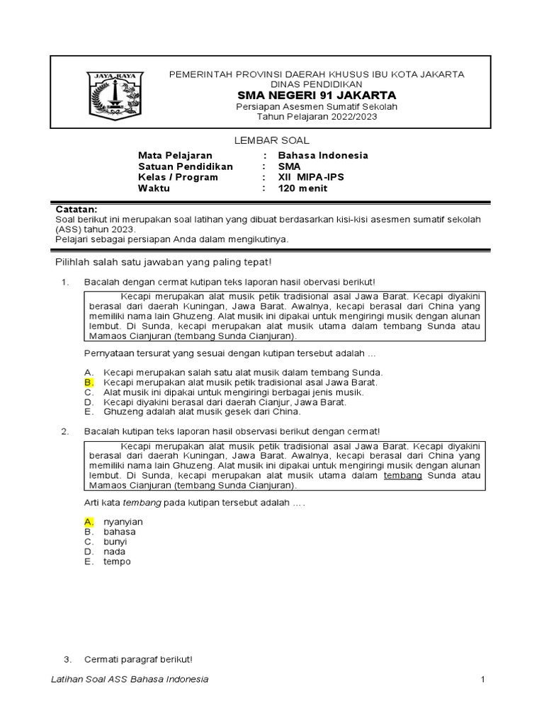 Latihan Soal Ass Bindo 2023 | PDF