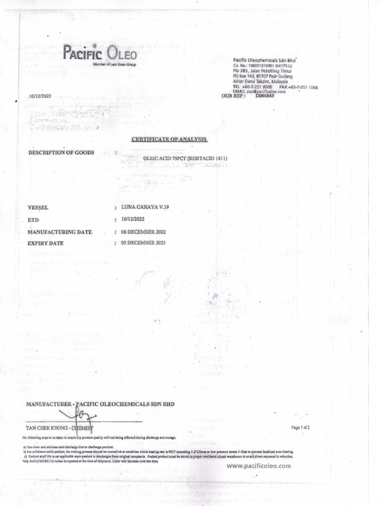 Oleic Acid 75% (Pacific Oleo - Malaysia) 18.01.2023 | PDF