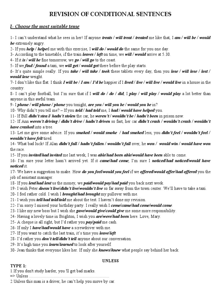 Revision of Conditional Sentences Unless | PDF