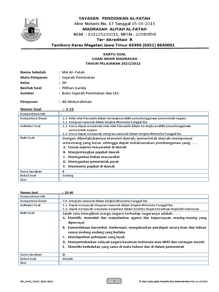 Kartu Soal Uam | PDF