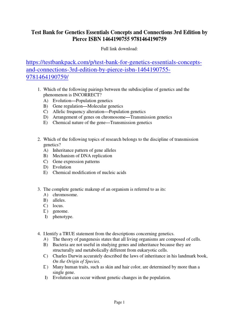 Genetics Essentials Test Bank Overview | PDF | Genetics | Gene