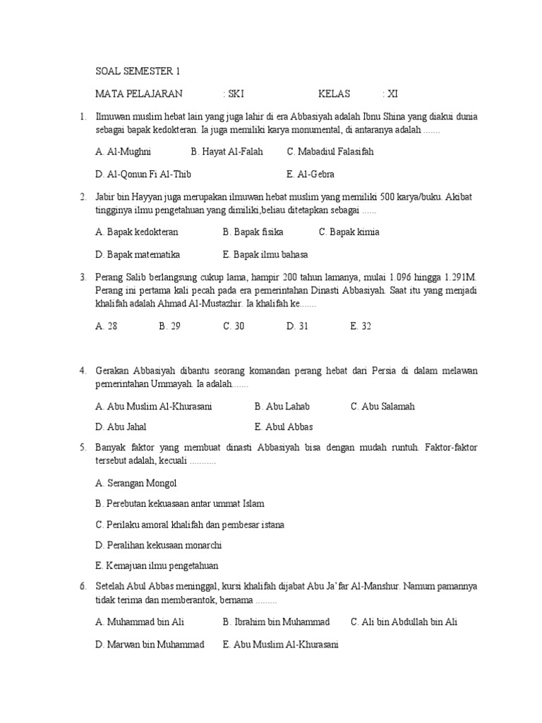 SOAL SKI Kelas 11 SEMESTER 2 | PDF