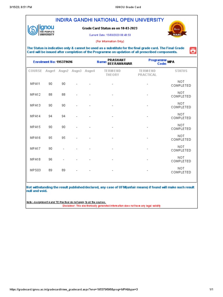 IGNOU Grade Card | PDF | Computer Programming | Computing