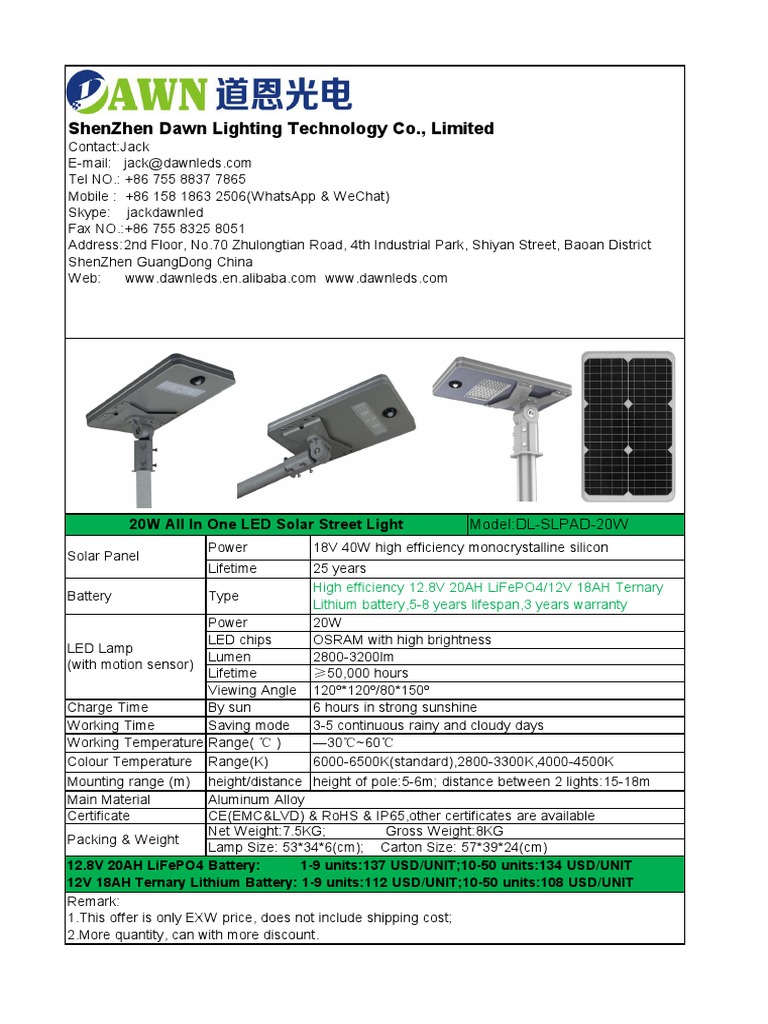 DAWN Pricelist For 20-200W All in One Solar LED S | PDF | Lighting | Solar Panel