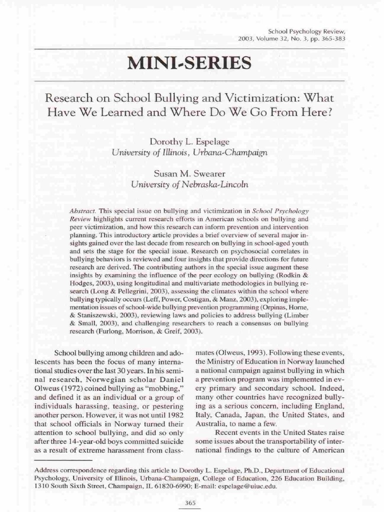 Espelage, Swearer - 2003 - Research On School Bullying and ...