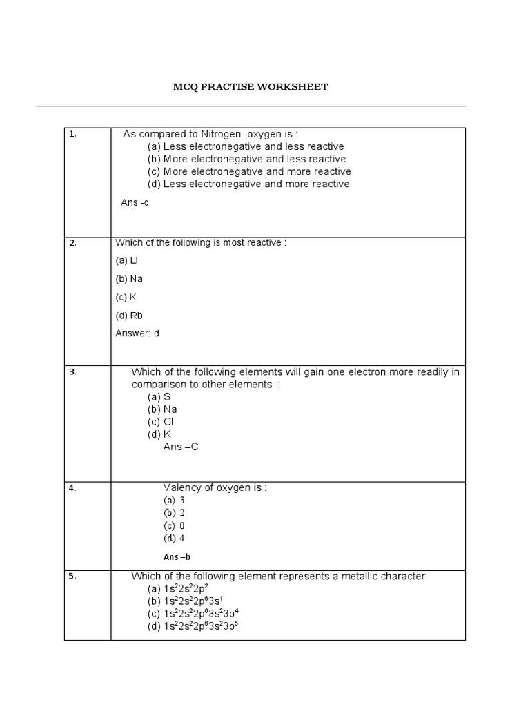 MCQ PRACTISE WORKSHEET-periodic Classification-1 | PDF | Chlorine ...