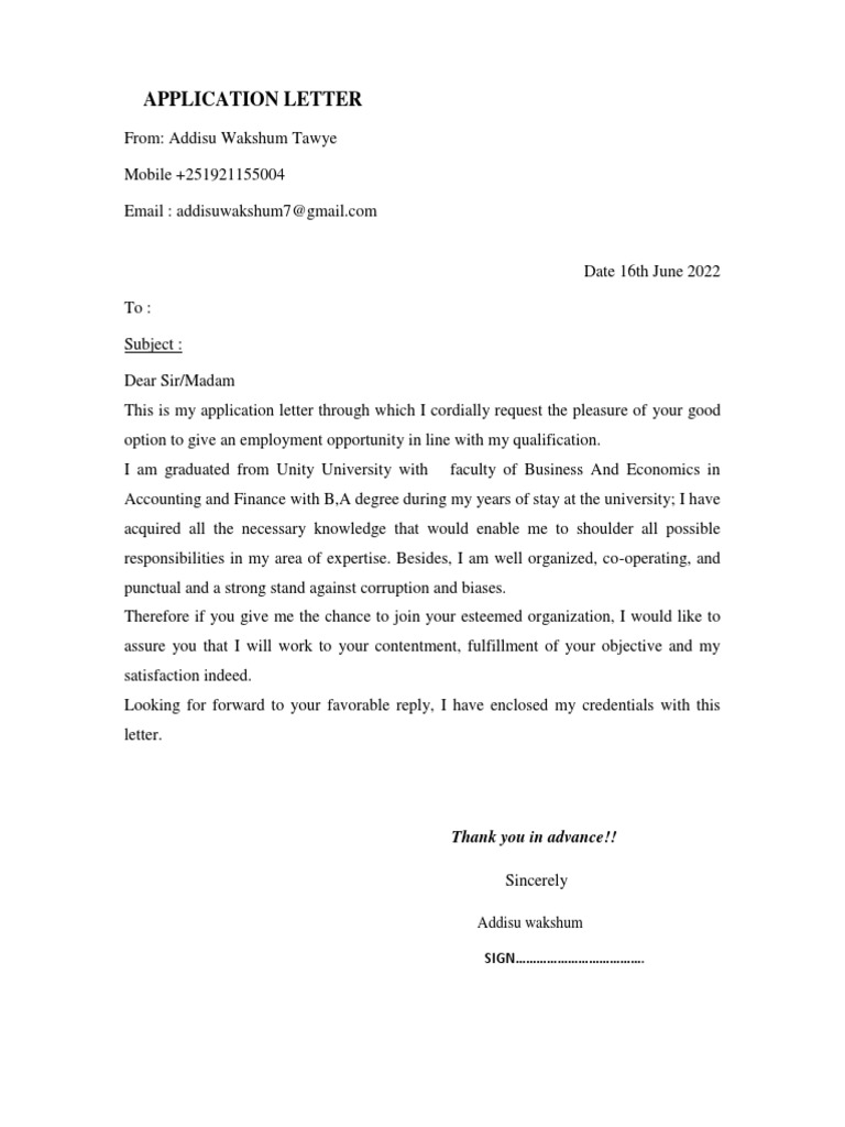 Job Application by Addisu Wakshum | PDF | Human Communication