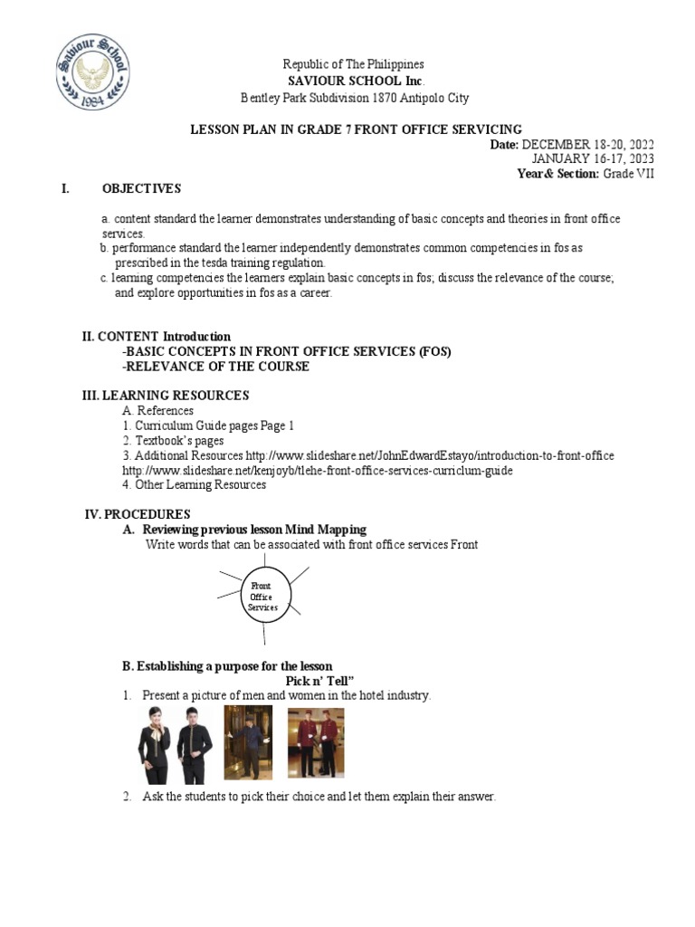 Tle 7 Front Office Servicing | PDF | Learning | Lesson Plan