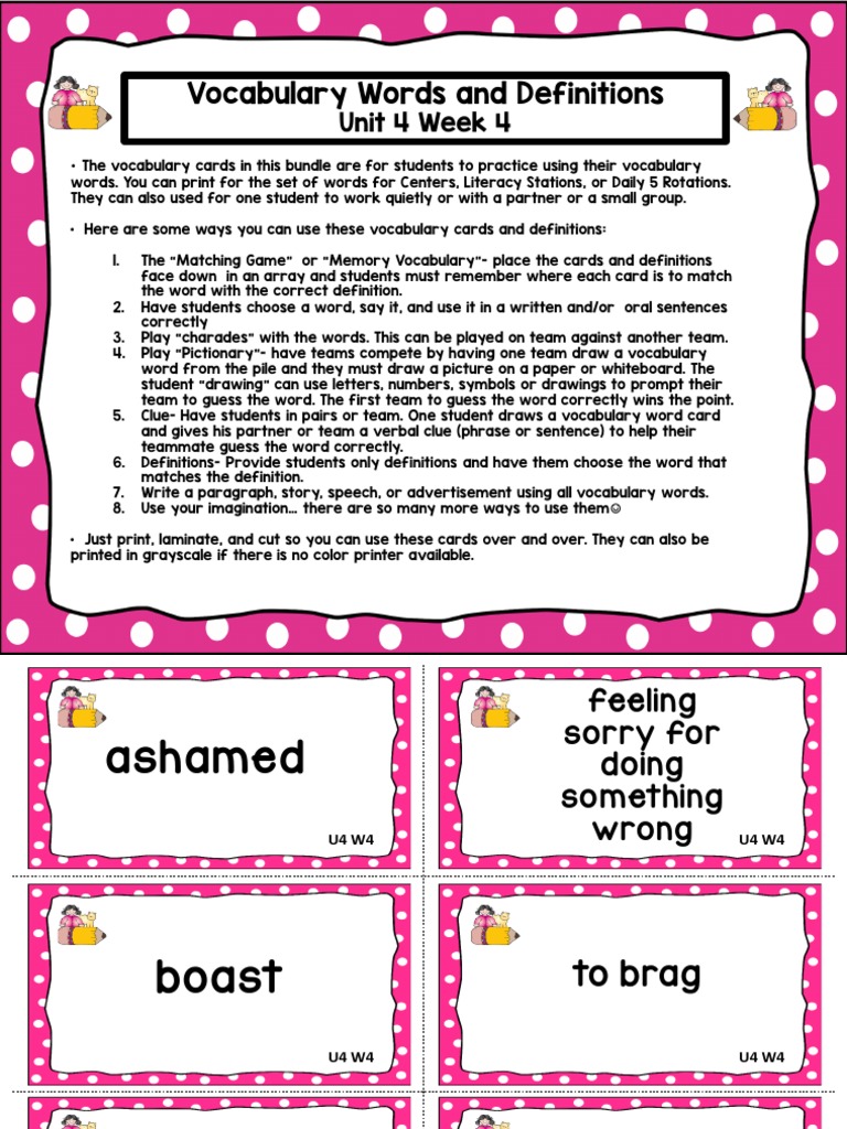 Unit 4 Vocabulary Task Cards With Definitions | PDF | Linguistics ...
