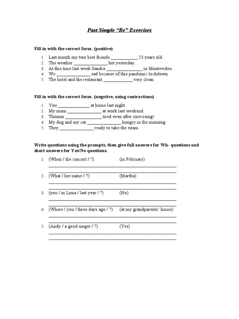 Past Simple "Be" Exercise Worksheets | PDF
