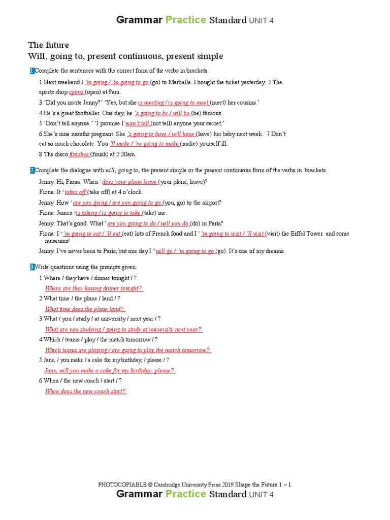 Shape The Future 1 - Grammar Practice Standard - Unit 4 - With Answers | PDF