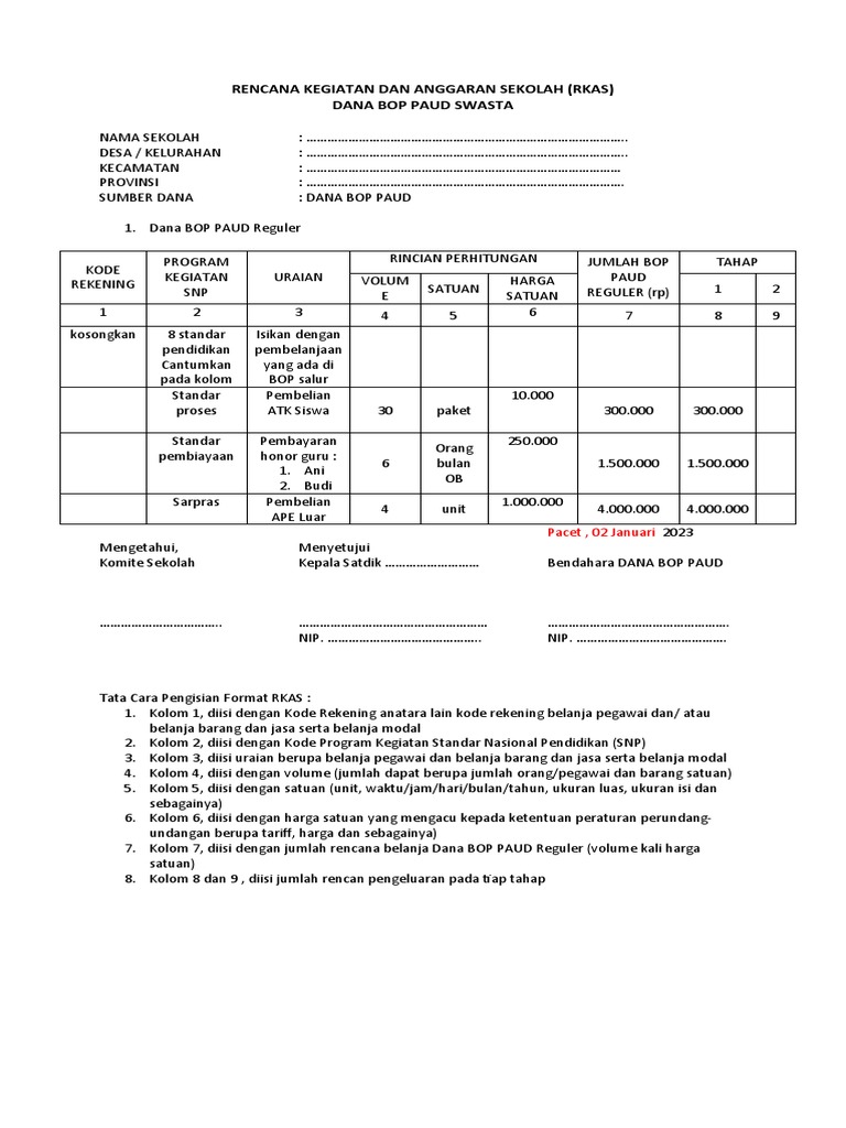 Contoh RKAS BOP PAUD 2025 Terbaru | PDF
