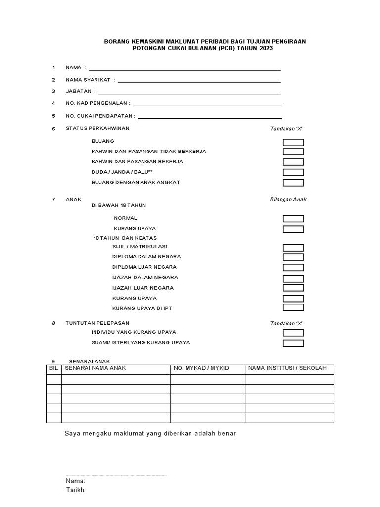 Borang Kemaskini Maklumat Peribadi PCB 2023 | PDF