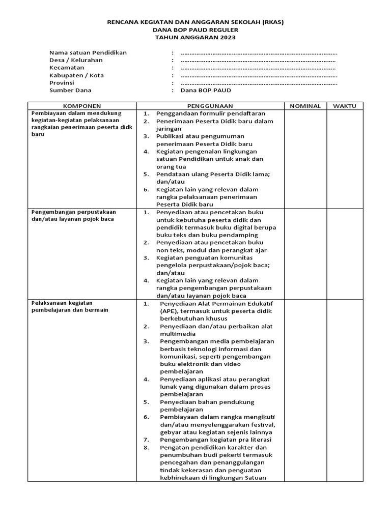 Rkas 1 Tahun Bop Paud Reguler 2023 | PDF
