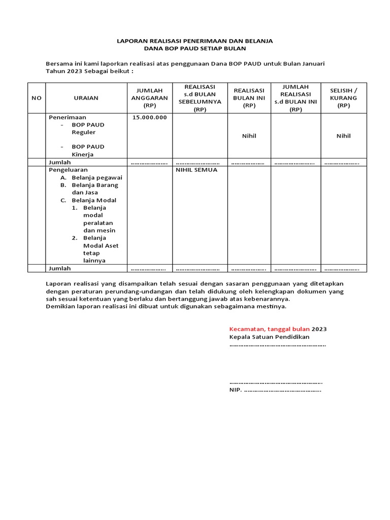 Laporan Realisasi Penerimaan Dan Belanja Bop Paud 2023 | PDF