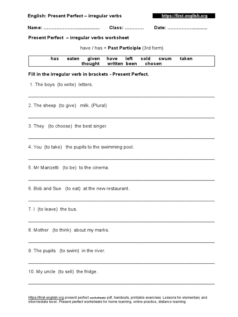 Present Perfect Irregular Verbs Worksheet | PDF | Language Arts ...