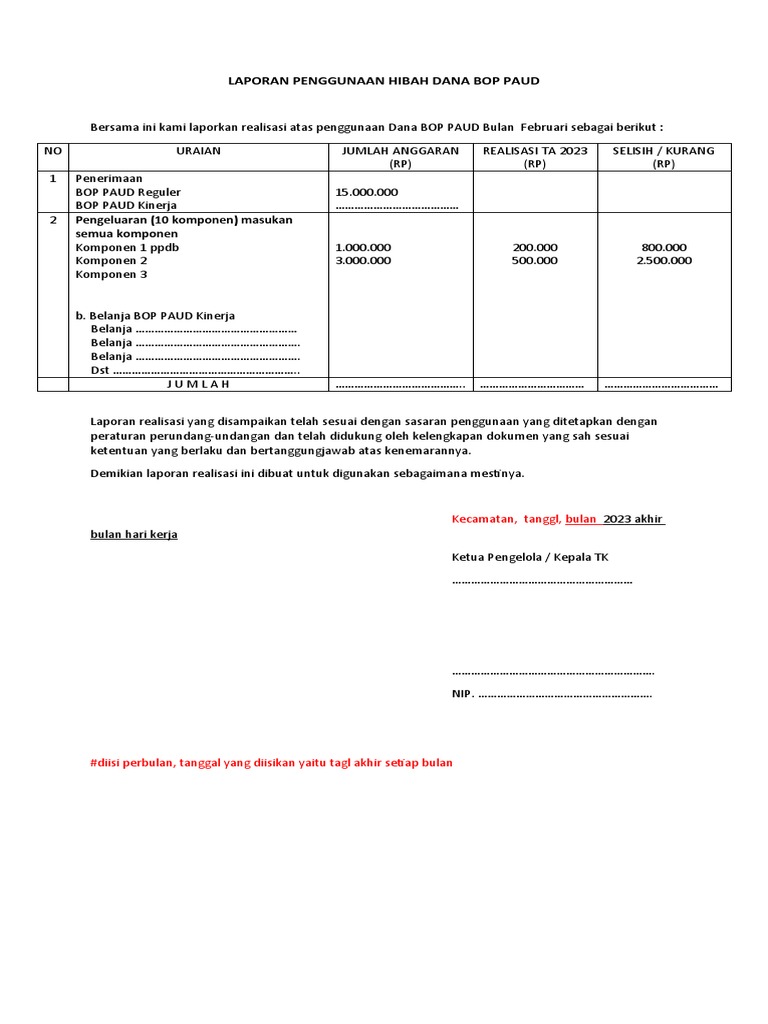 Lap. Penggunaan Dana Bop Paud 2023 | PDF