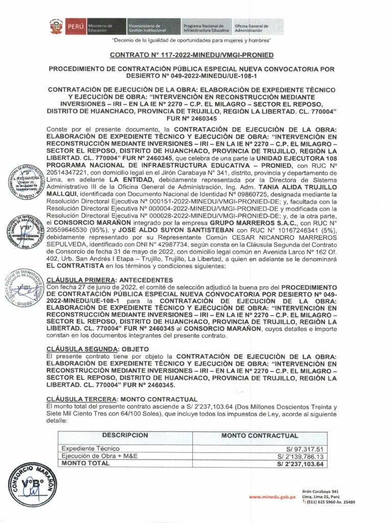 Contrato #117-2022-Minedu-Vmgi-Pronied | PDF | Negocios | Finanzas y dinero